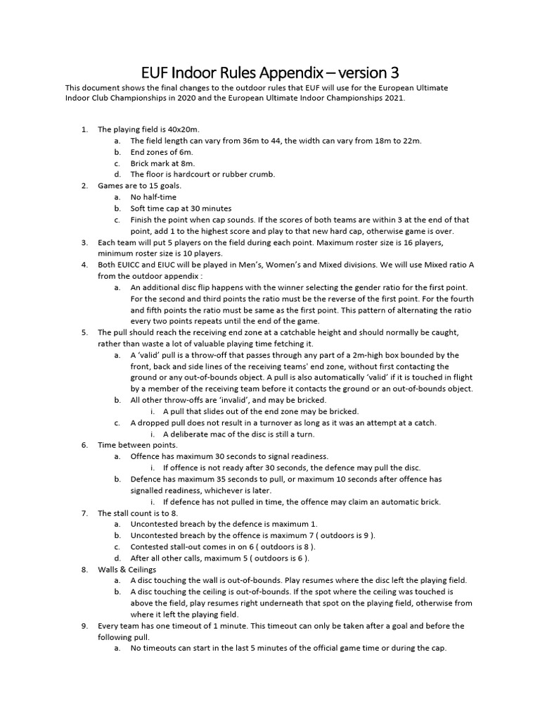 EUF Indoor Rules Appendix - v3 | PDF | Sports | Team Sports