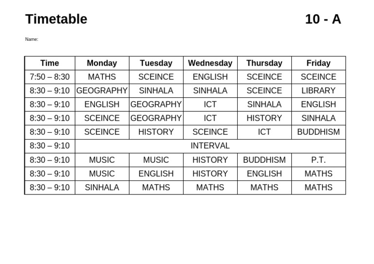 Timetable Monday to Friday | PDF