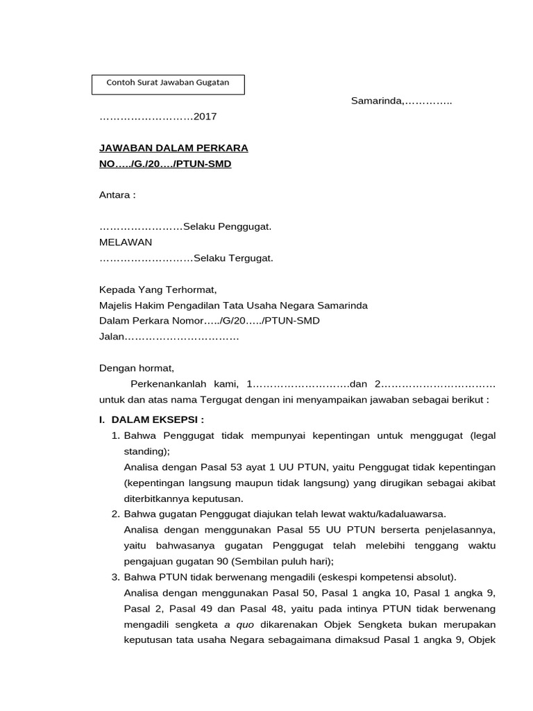 Jawaban Gugatan PTUN Samarinda | PDF