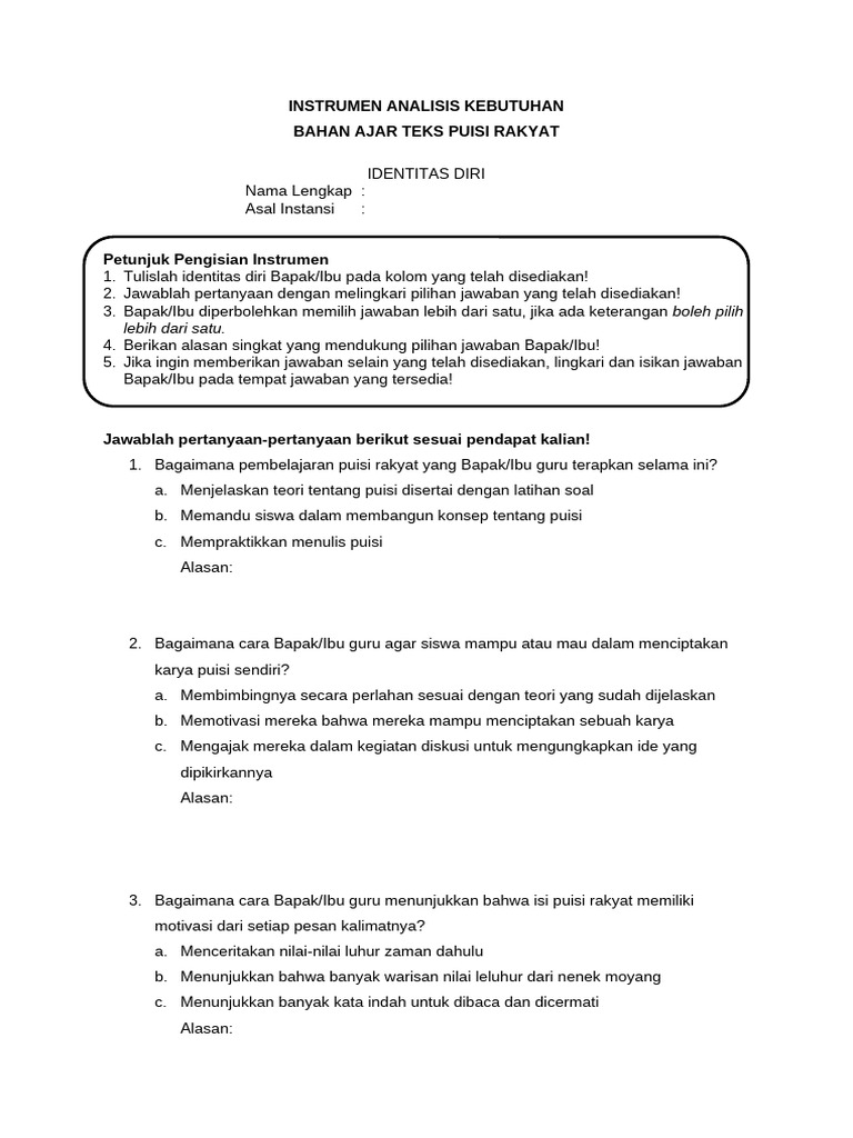 (Angket Guru) Instrumen Analisis Kebutuhan | PDF