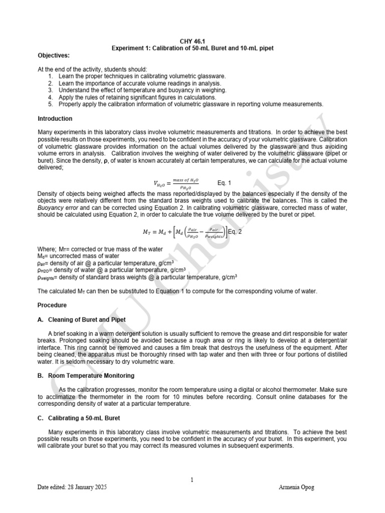 Experiment 1_ Calibration of Volumetric Glassware-1 | PDF | Density ...