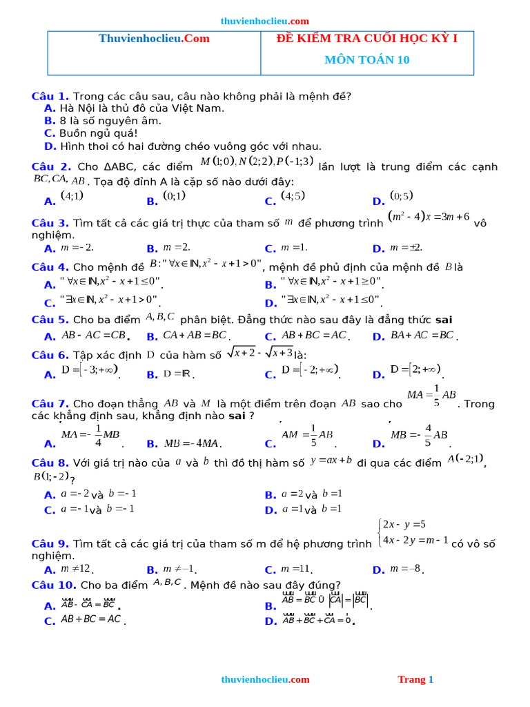 thuvienhoclieu.com-De-Thi-HK1-Toan-10-trac-nghiem-co-dap-an | PDF