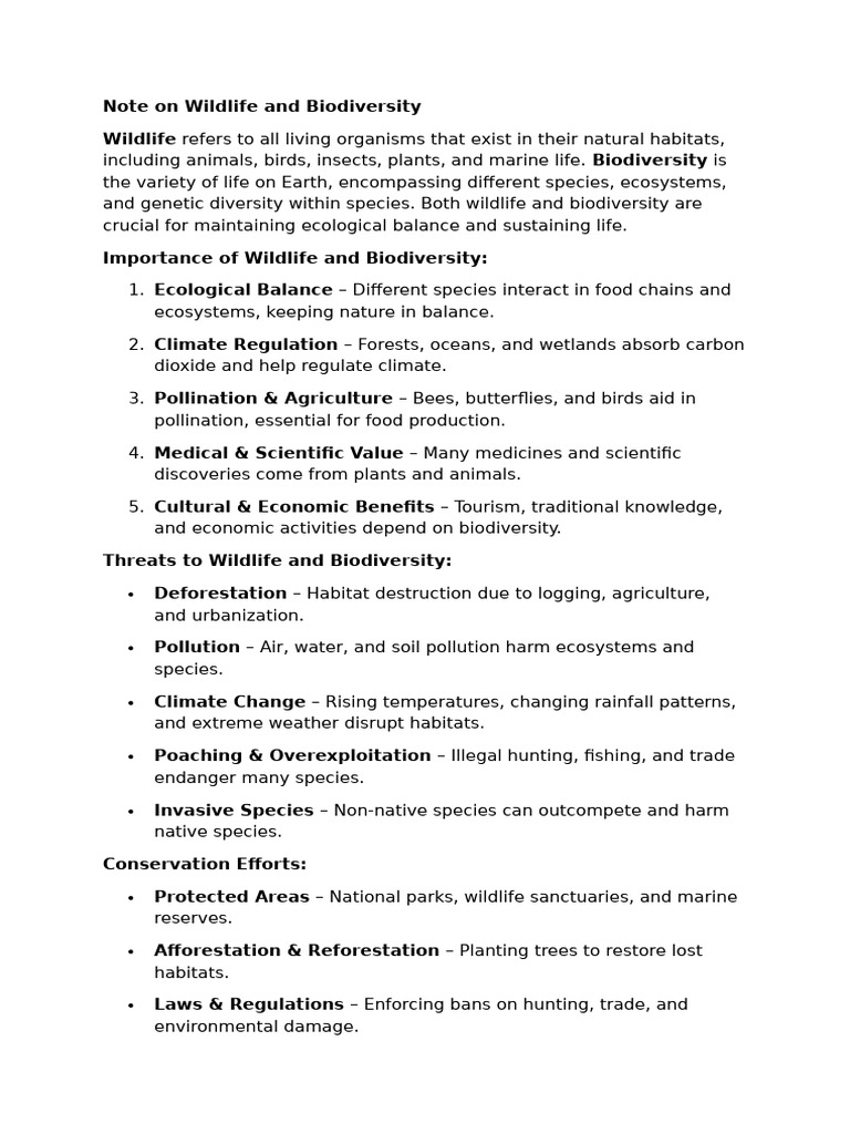 Note On Wildlife and Biodiversity | PDF