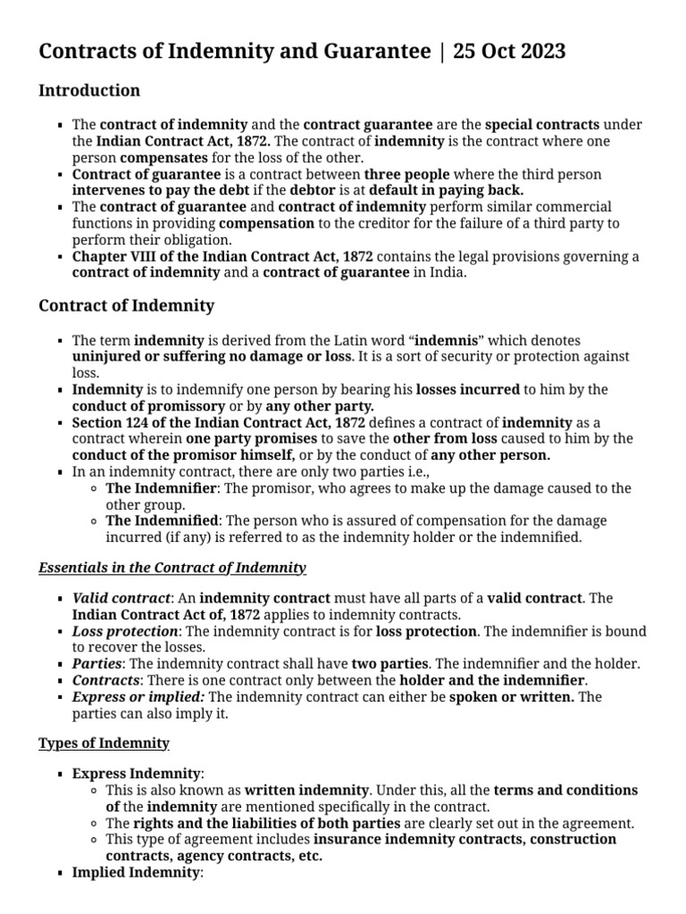 Contract of Indemnity and Guarantee | PDF | Guarantee | Indemnity