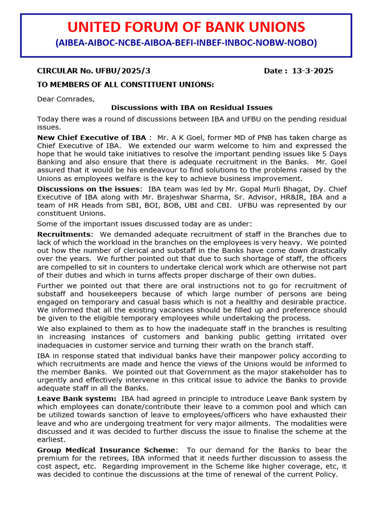 UFBU Updates on IBA Discussions | PDF | Pension | Insurance