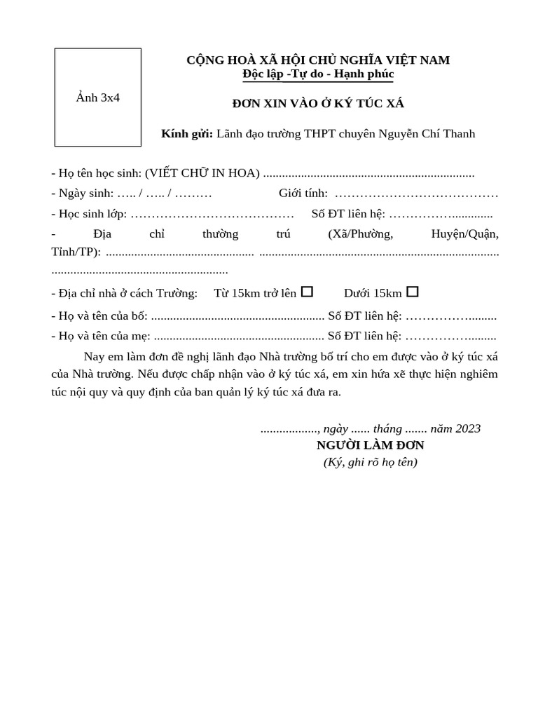 Mau Don Xin Vao o Ktx Nam Hoc 2023 2024 | PDF