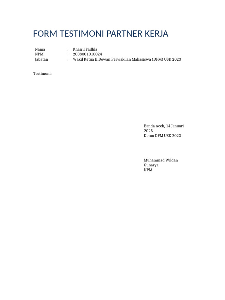 Form Testimoni Partner Khairil Fadhla | PDF