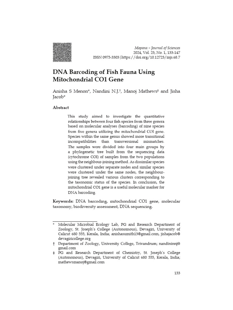 7. DNA Barcoding of Fish Fauna using Mitochondrial CO1 Gene (133-147 ...