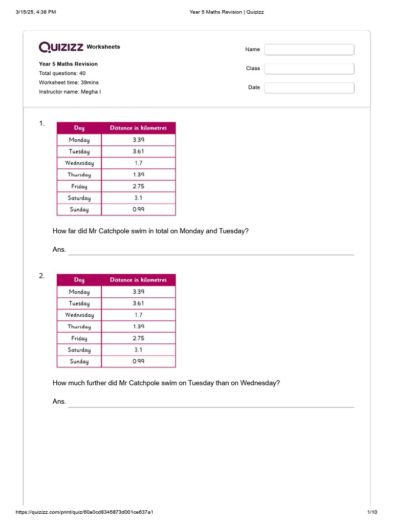Year 5 Maths Revision - Quizizz | PDF