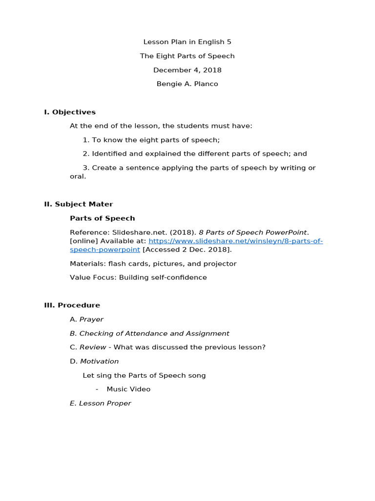 Lesson Plan: Eight Parts of Speech | PDF | Part Of Speech | Adverb