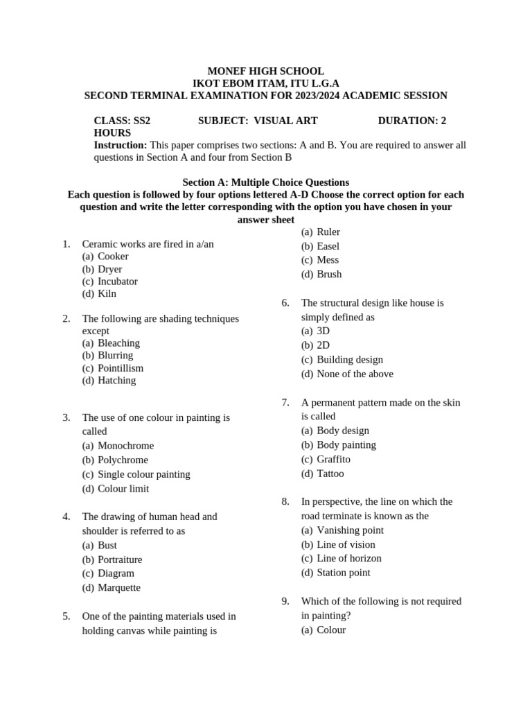 SS2 Visual Art Exam Questions 2023 | PDF | Paintings | Textiles