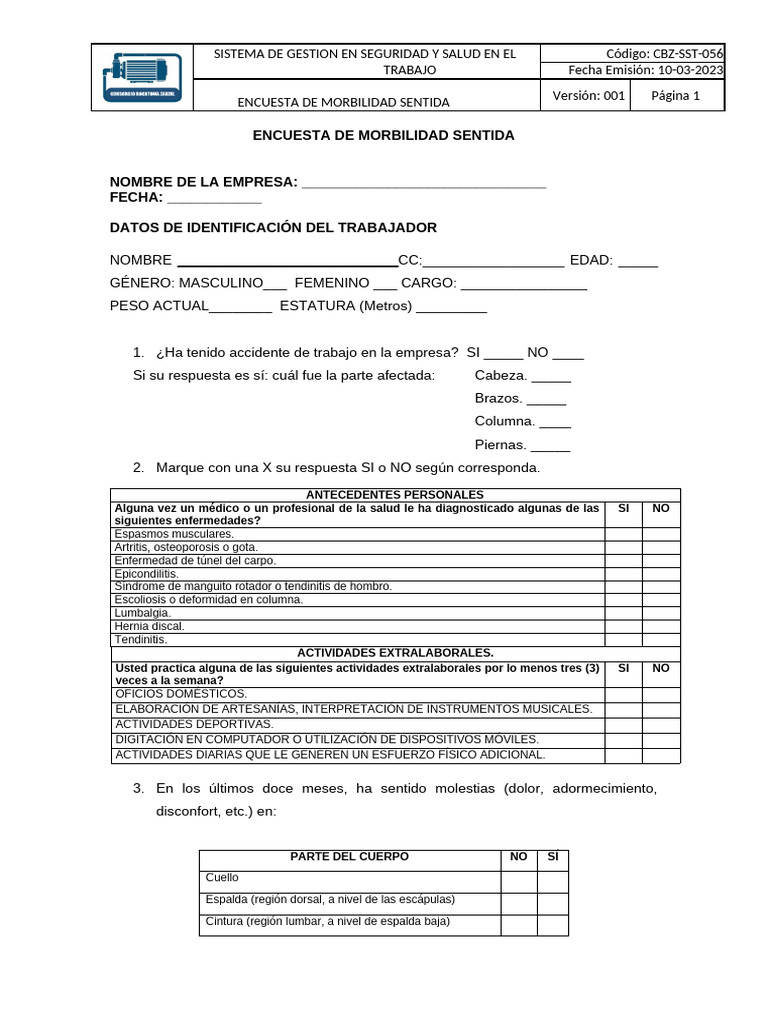ENCUESTA DE MORBILIDAD SENTIDA | PDF | Dolor lumbar | Enfermedades y ...