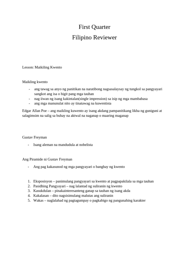 First Quarter Filipino Reviewer | PDF