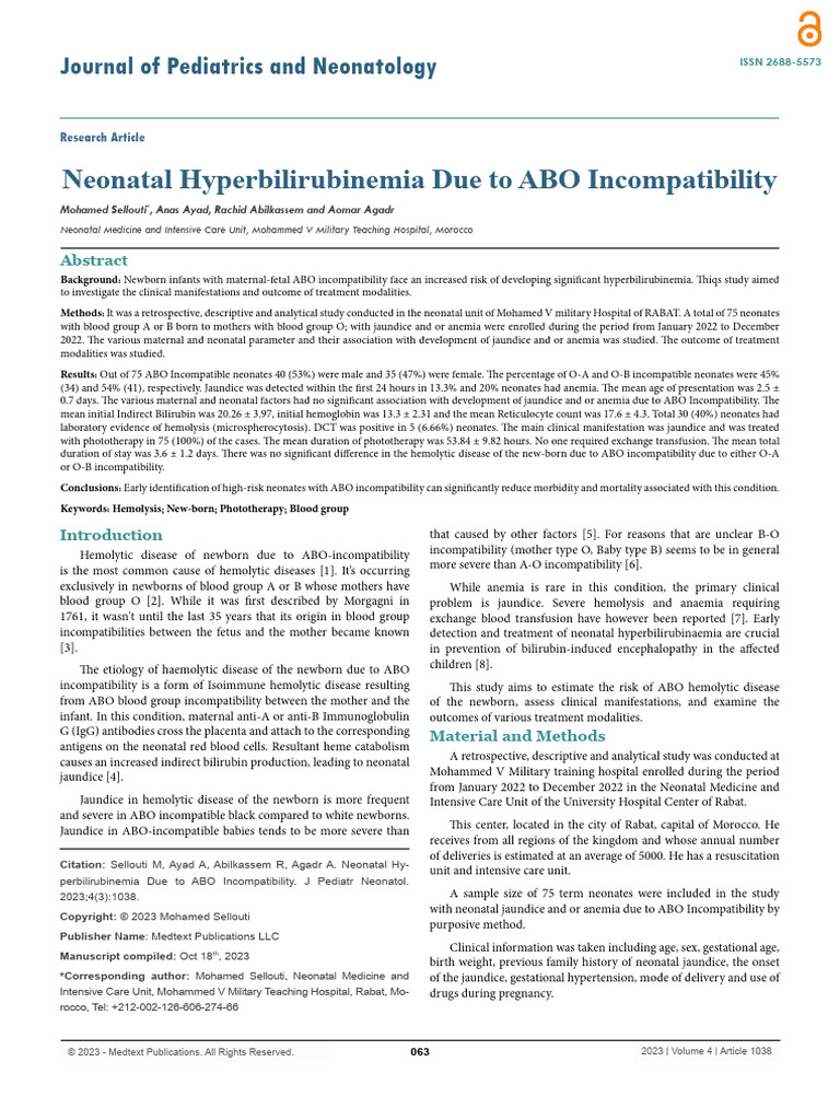 Neonatal Hyperbilirubinemia Due To Abo Incompatibility 1500 | PDF ...