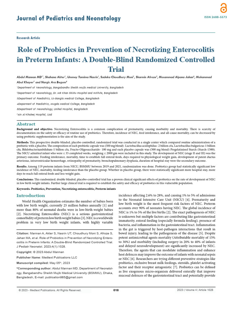 Role of Probiotics in Prevention of Necrotizing Enterocolitis in ...