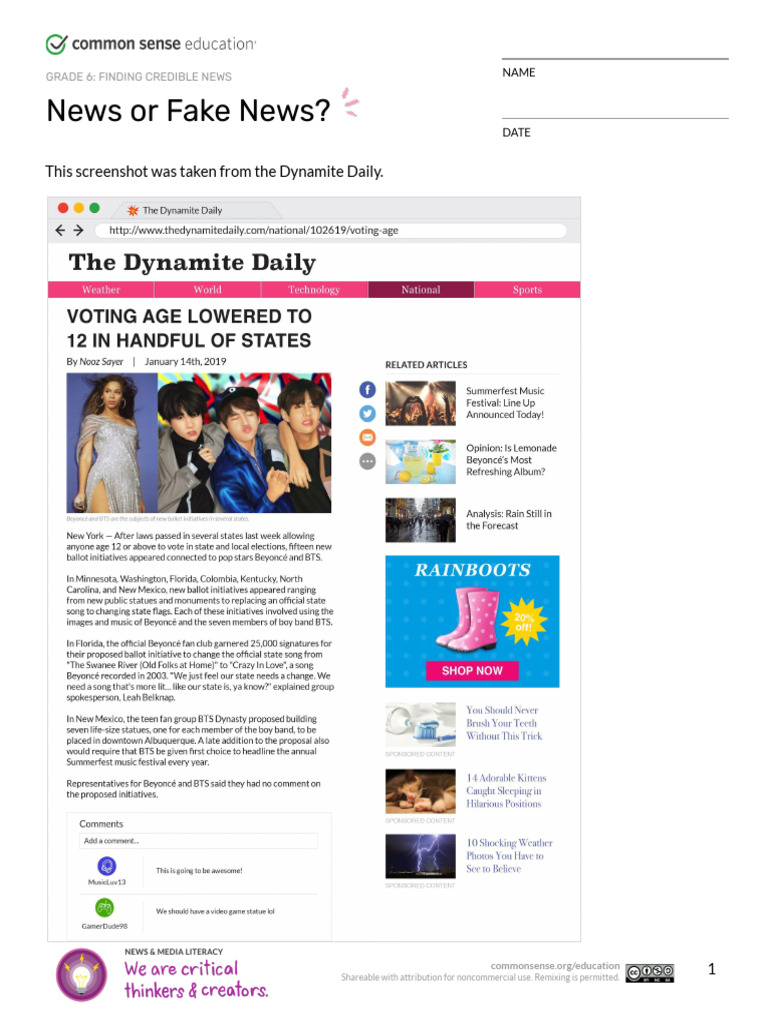 Grade 6 Finding Credible News News or Fake News Example #3 Article | PDF