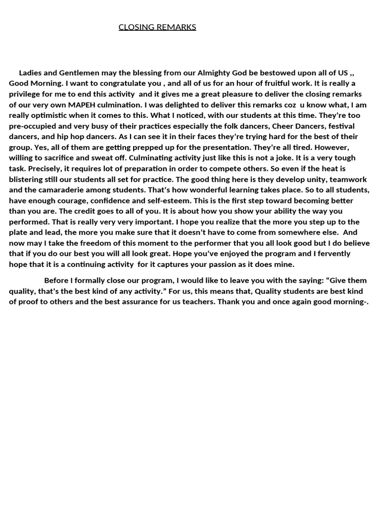 Closing Remarks MAPEH Culmination | PDF