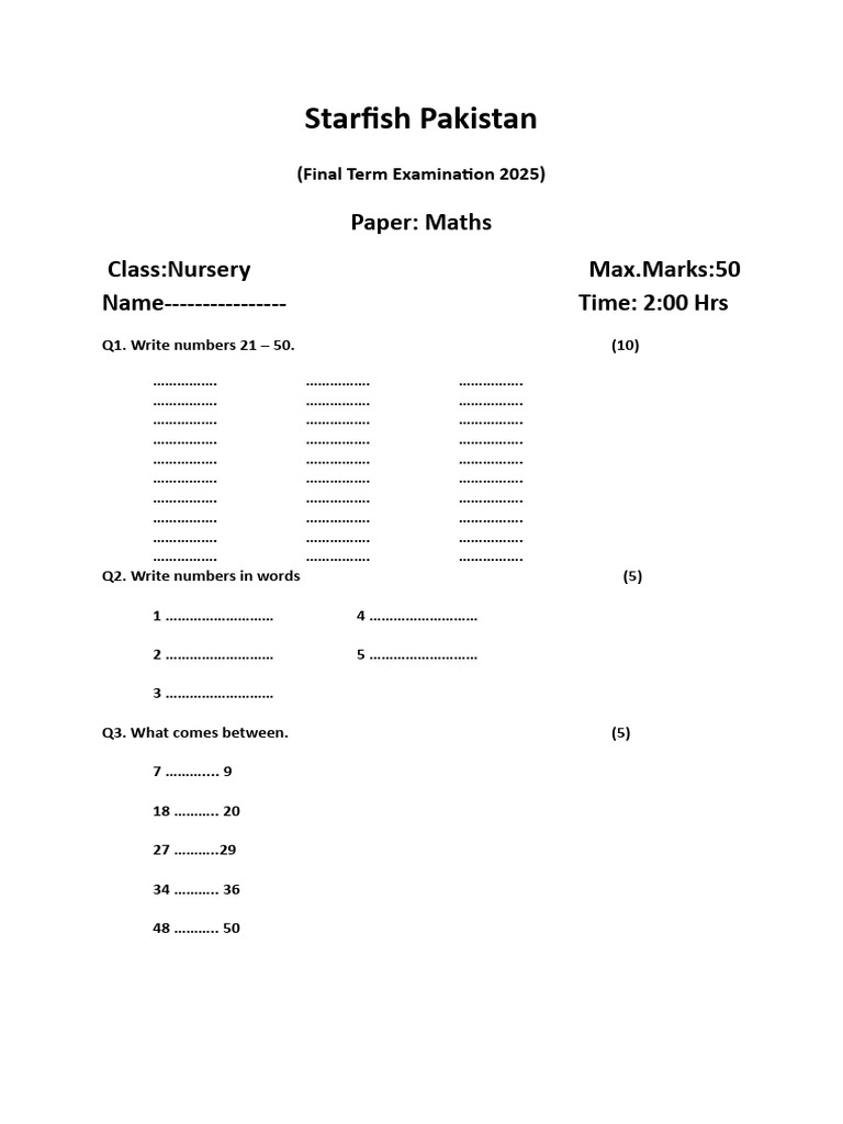 Annual Paper (025) Maths Grade-Nursery | PDF