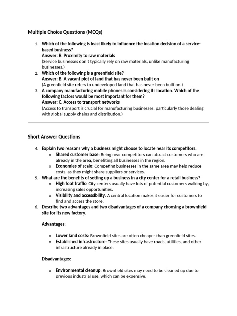 Business Location Decisions Worksheet Answers | PDF | Incentive ...