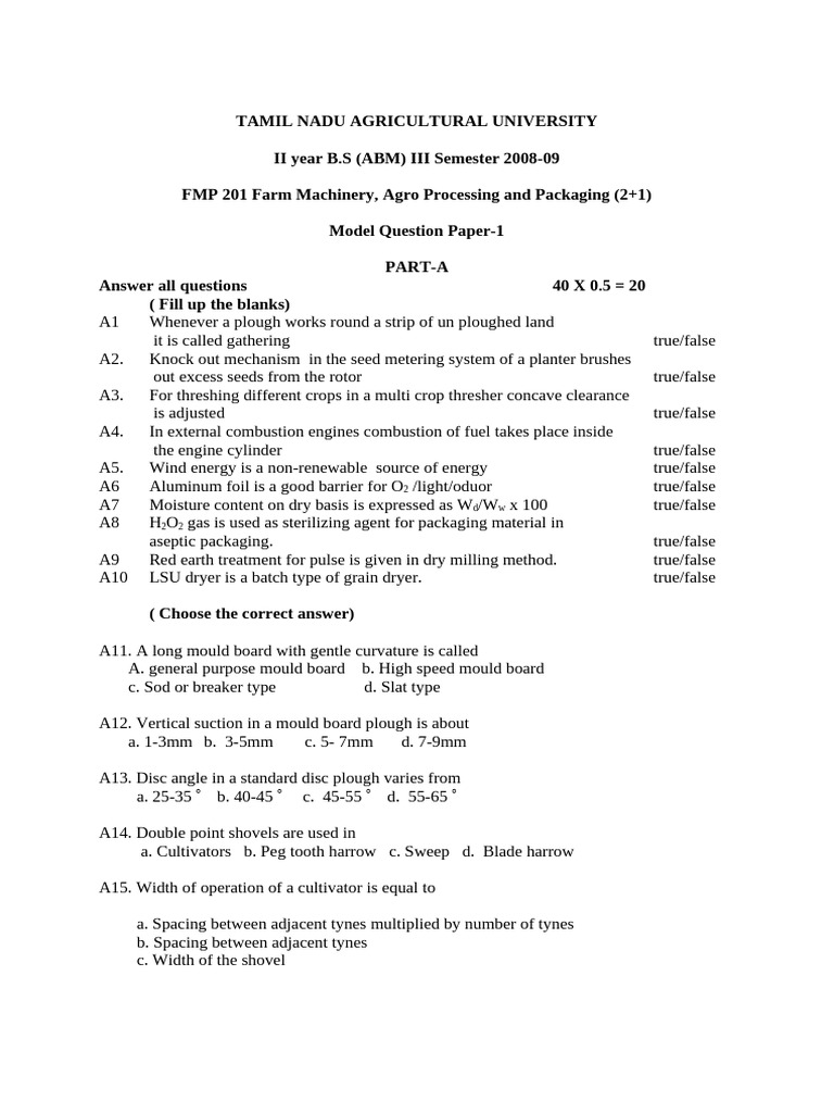 Model Question Paper BS (ABM) QP-1 | PDF | Plough | Tillage