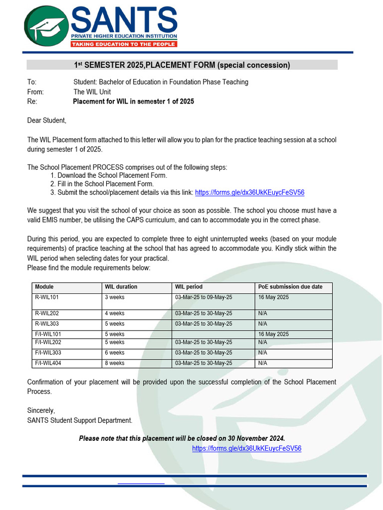 WIL Placement Form for Semester 1, 2025 | PDF | Teacher Education ...