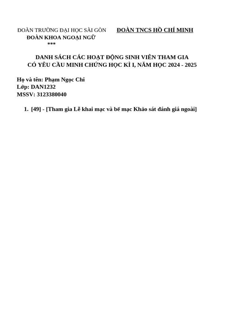 (Mssv) - danh Sách Hoạt Động Yêu Cầu Minh Chứng | PDF