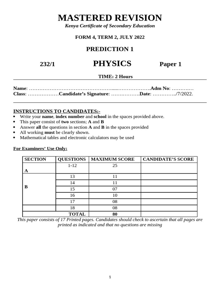PHYSICS PAPER 1 | PDF | Density | Force