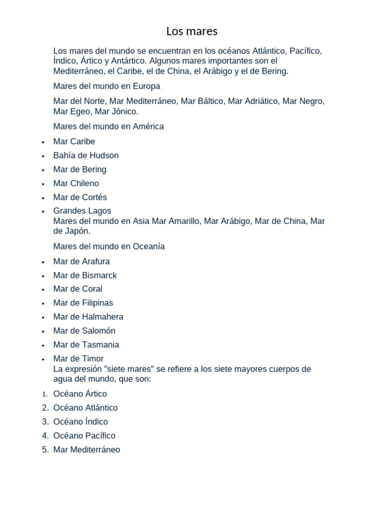 Nombres y ubicación de los mares del mundo | PDF