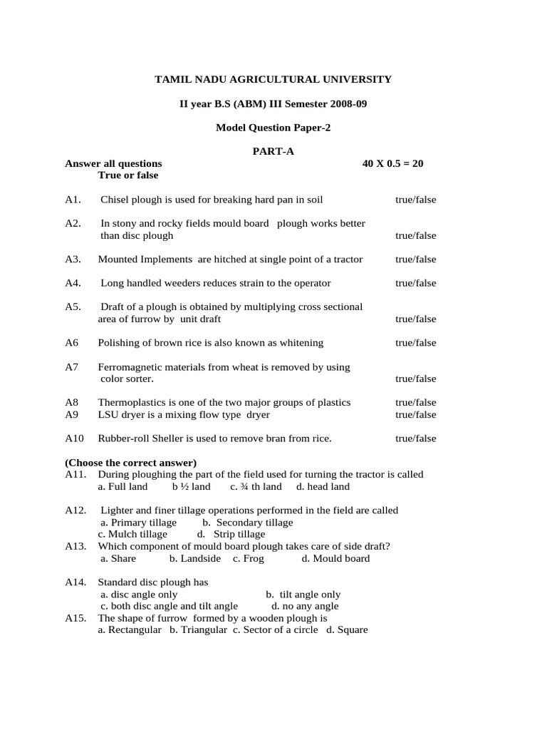 Model Question Paper BS (ABM) QP-2 | PDF | Plough | Tillage