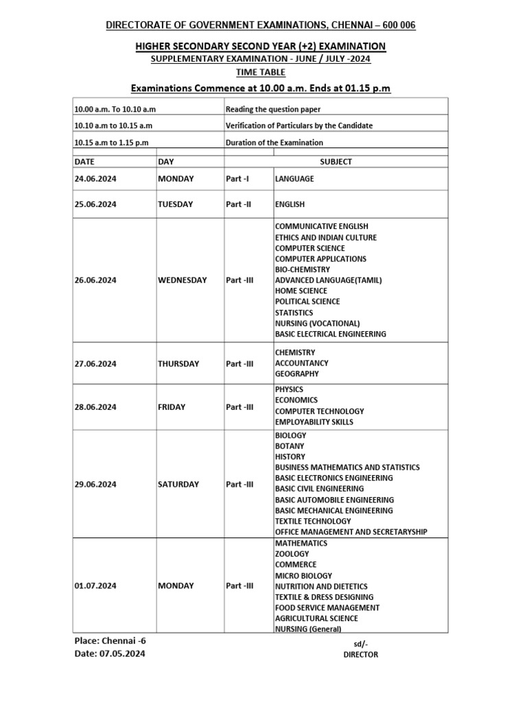 12th Public Exam June 2024 Supplementary Exam Time Table PDF Download ...