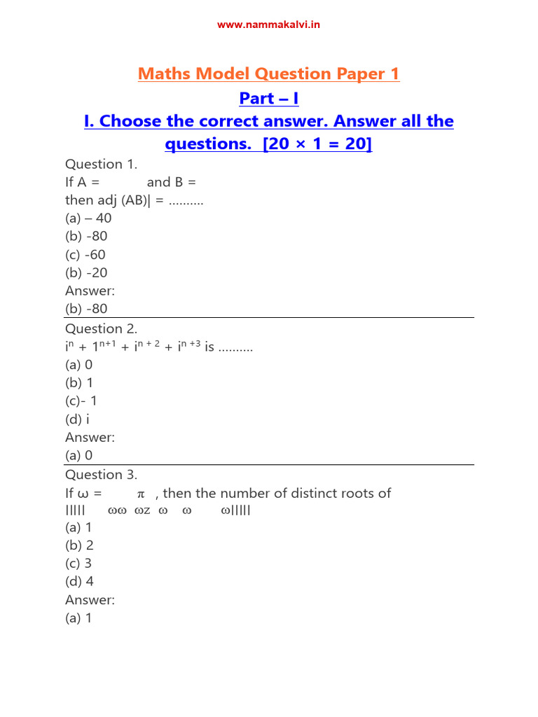 Maths Model Question Paper 1 | PDF | Asymptote | Equations