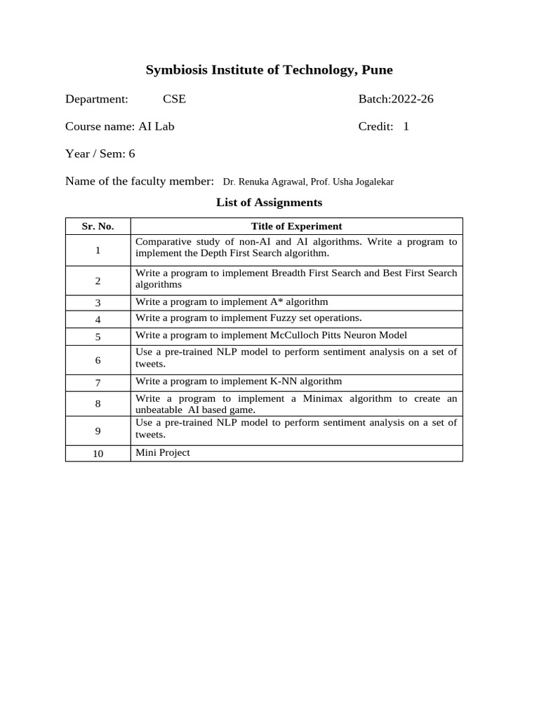 AIL-List of Assignments | PDF