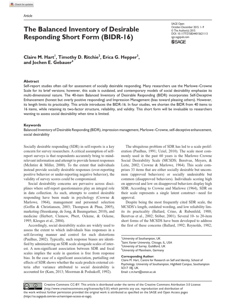 Hart Et Al 2015 The Balanced Inventory of Desirable Responding Short Form (Bidr 16) | PDF ...