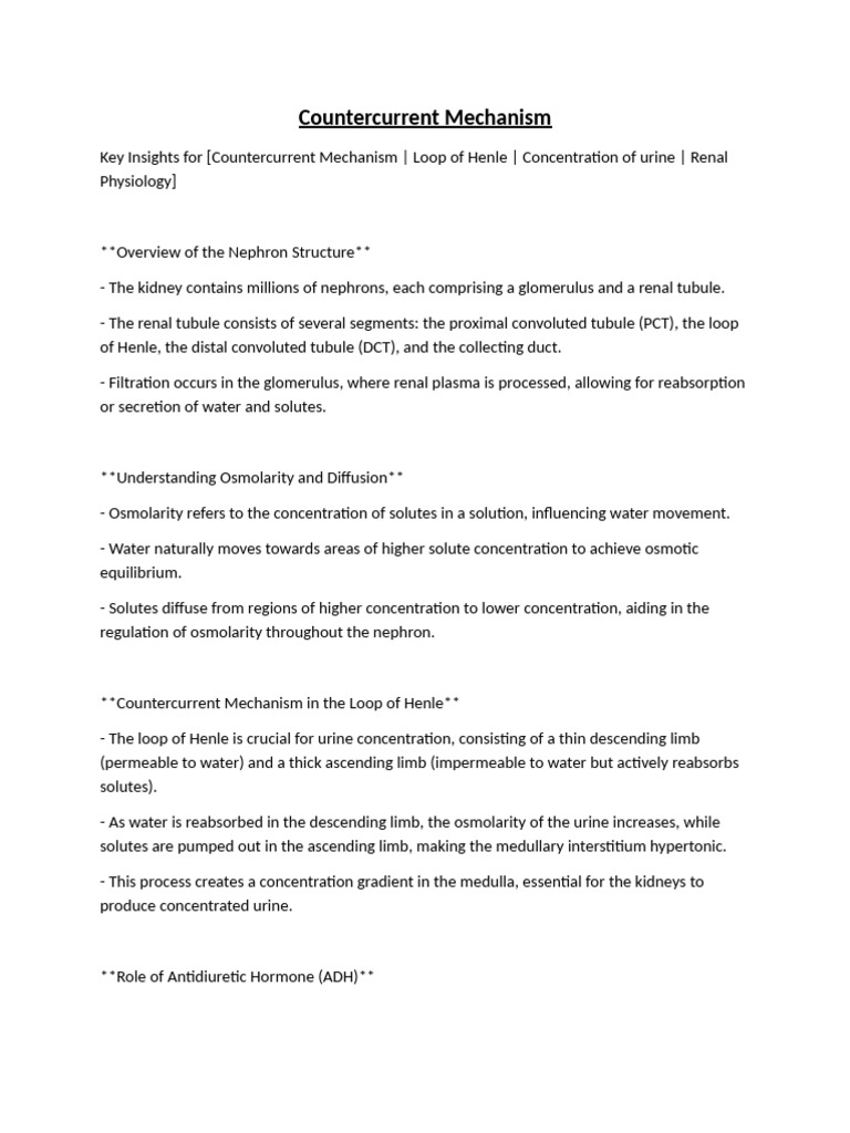 Countercurrent Mechanism Notes | PDF