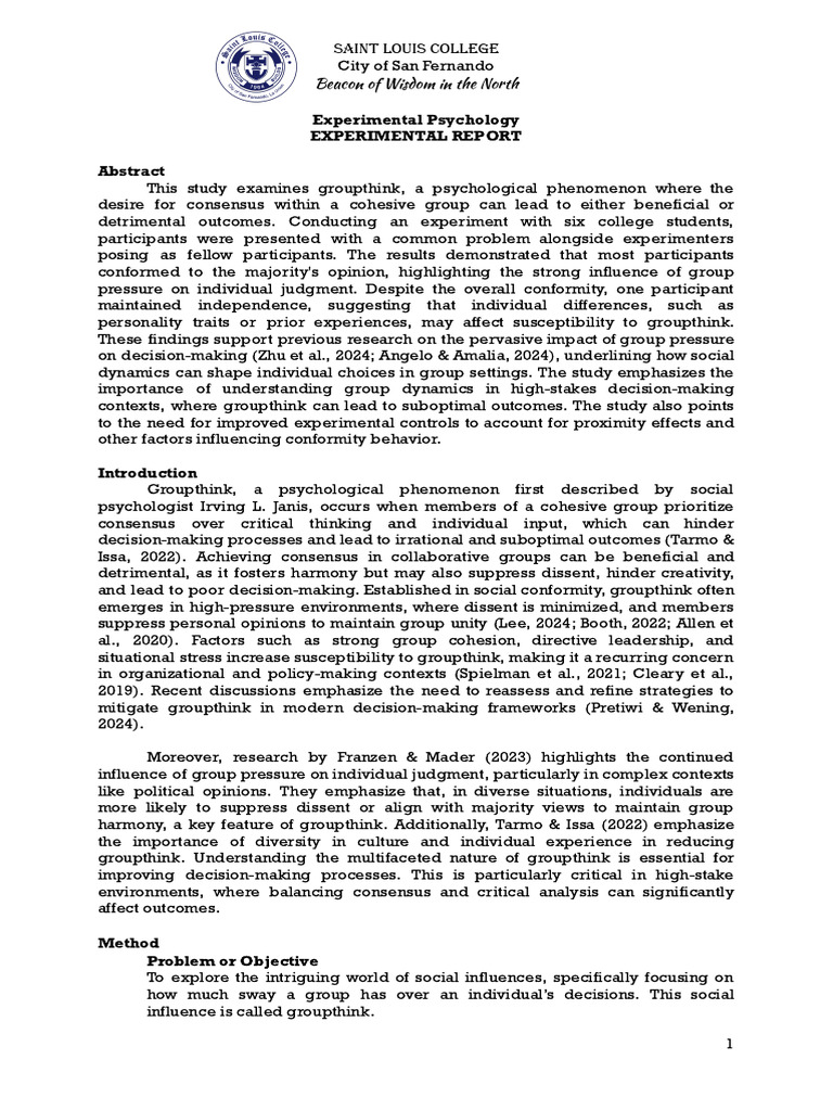 Groupthink Experimental Report | PDF | Conformity | Decision Making