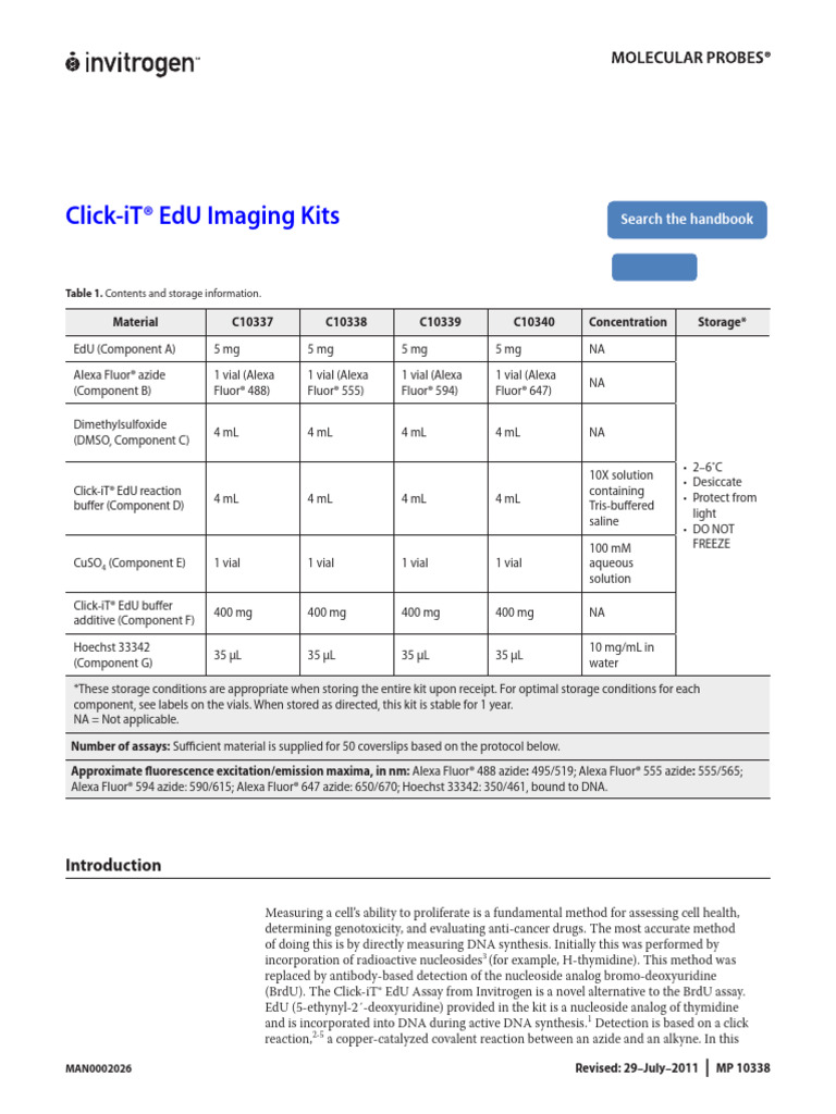EdU Cell Proliferation Kit For Imaging | PDF | Staining | Fixation ...