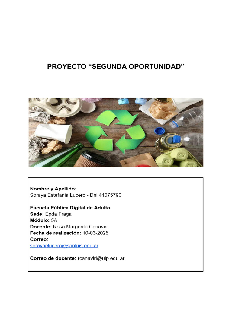 Proyecto Segunda Oportunidad - Soraya Lucero | PDF | Residuos ...