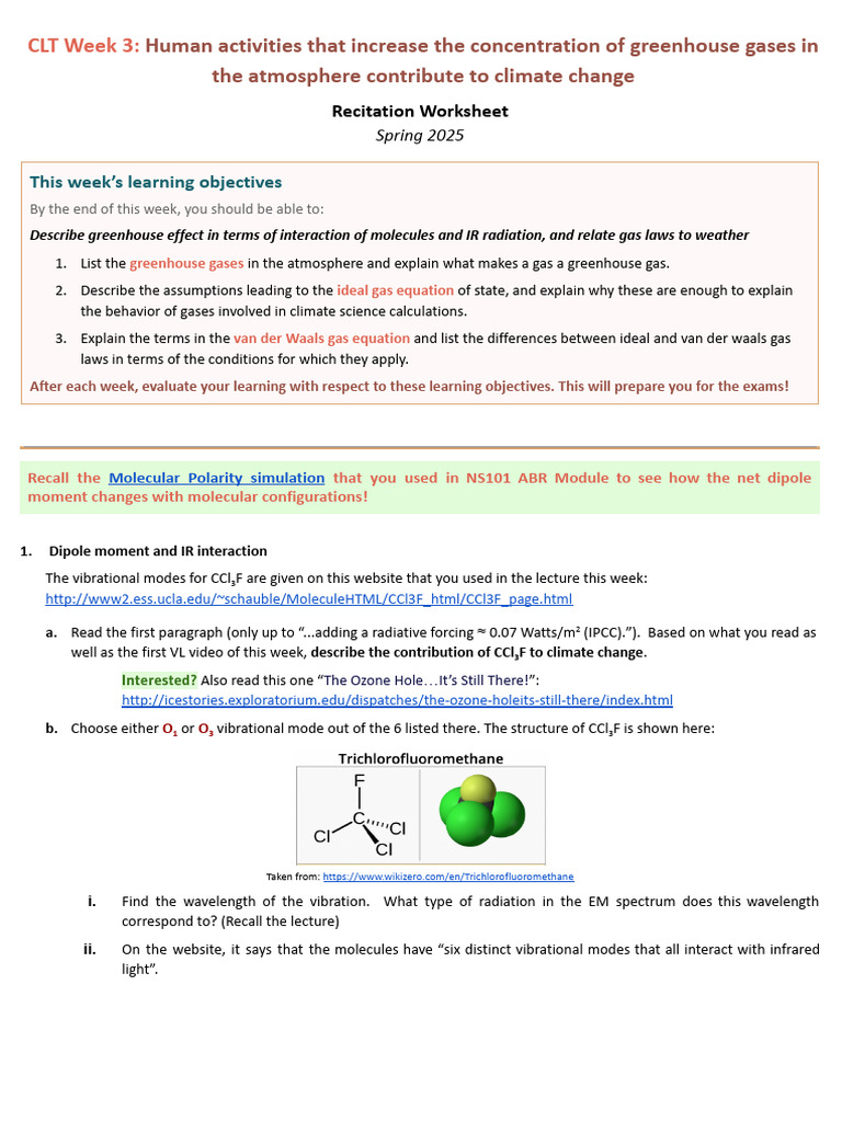 CLT3 Recitation Worksheet (Spring2025) SUCourse | PDF | Gases ...