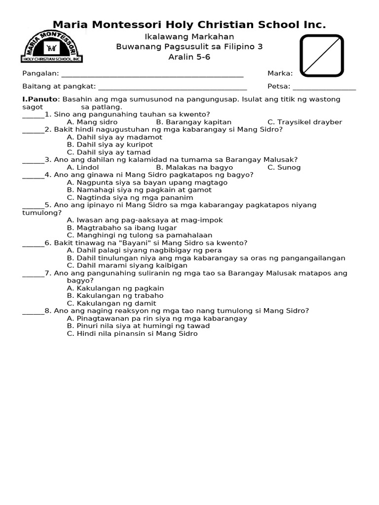 Fil - 03 - 2Q - Buwanang PagsusulitA5-6 | PDF