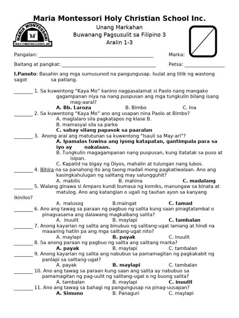 Fil - 03 - 2Q - Buwanang Pagsusulit A1-3 | PDF