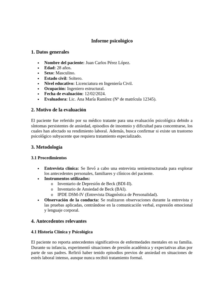 Informe Psicologico Ejemplo | PDF | Ansiedad | Trastorno mental