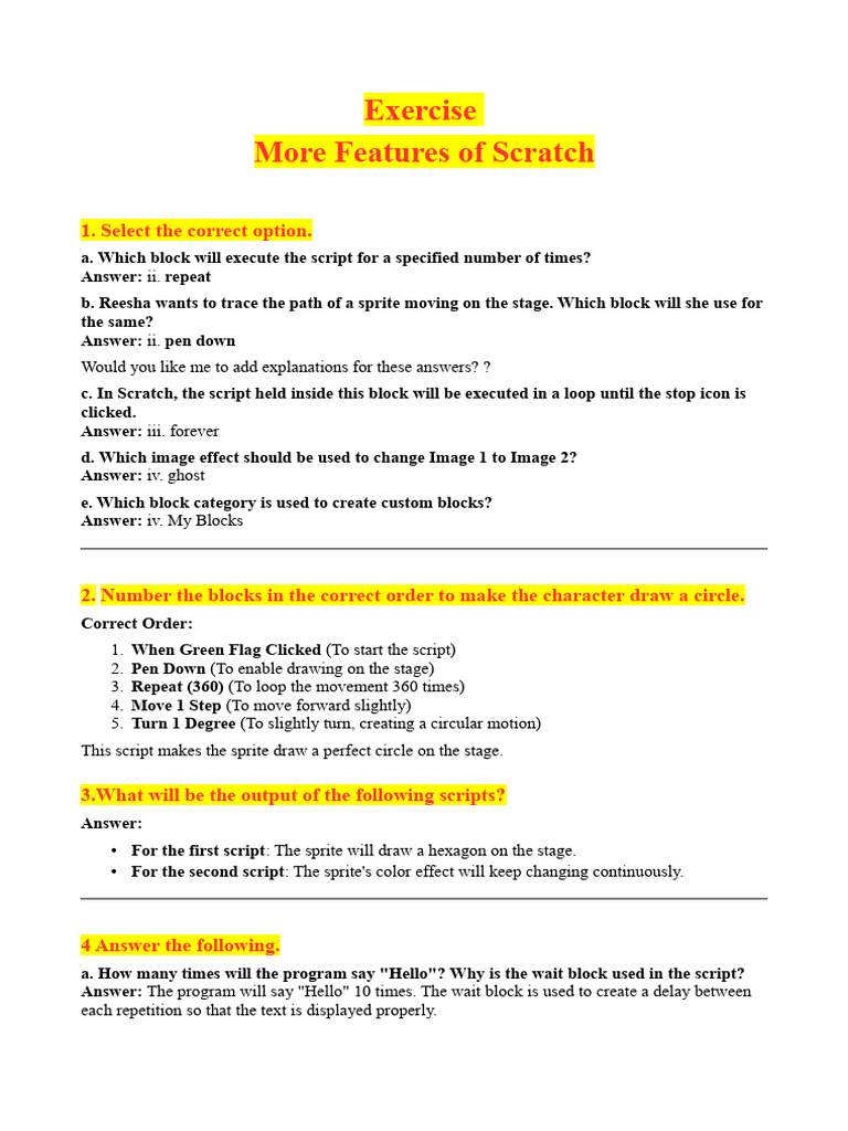 Exercise More Features of Scratch | PDF | Scratch (Programming Language ...