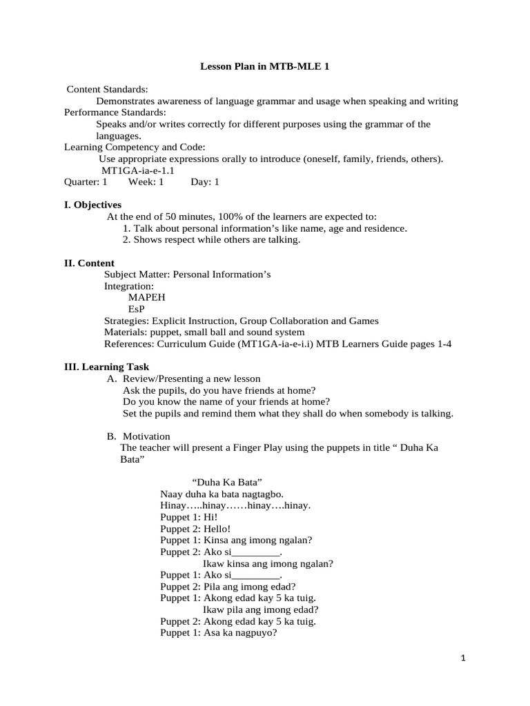 MTB Mle1 | PDF | Learning | Lesson Plan