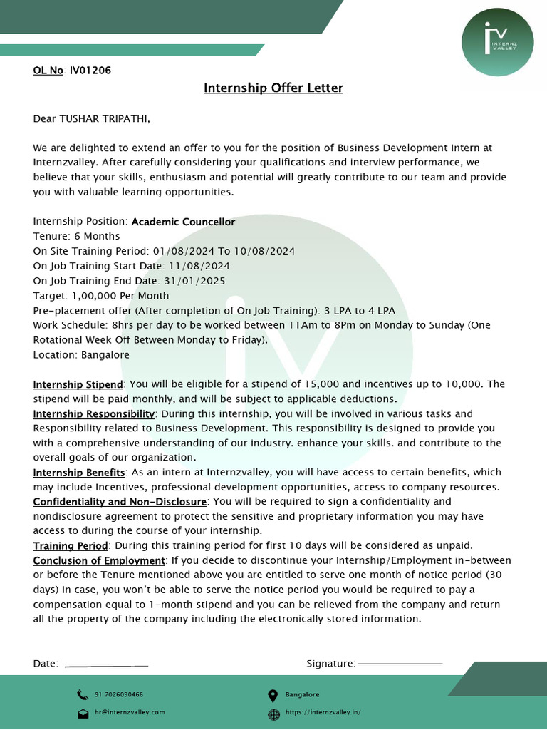 Offer Letter - TUSHAR TRIPATHI | PDF | Internship | Job Hunting
