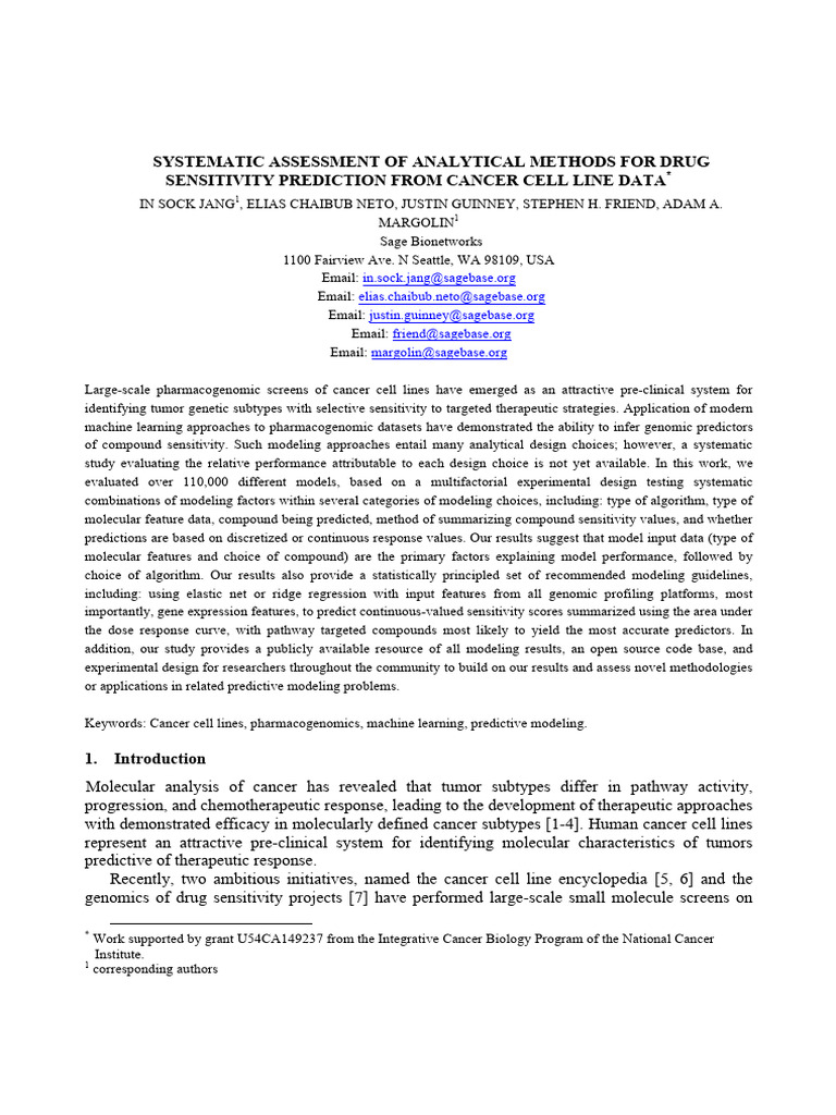 SYSTEMATIC ASSESSMENT OF ANALYTICAL METHODS FOR DRUG SENSITIVITY PREDICTION FROM CANCER CELL ...