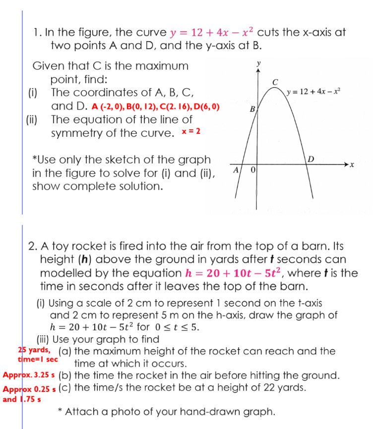 Practice Set - Graphs of Quadratic Functions | PDF