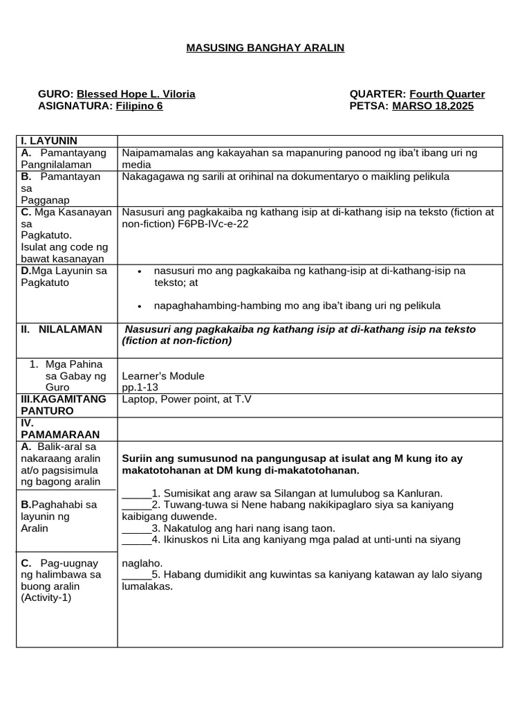 Lesson Plan - Grade 6 Fiction and Non-Fiction | PDF