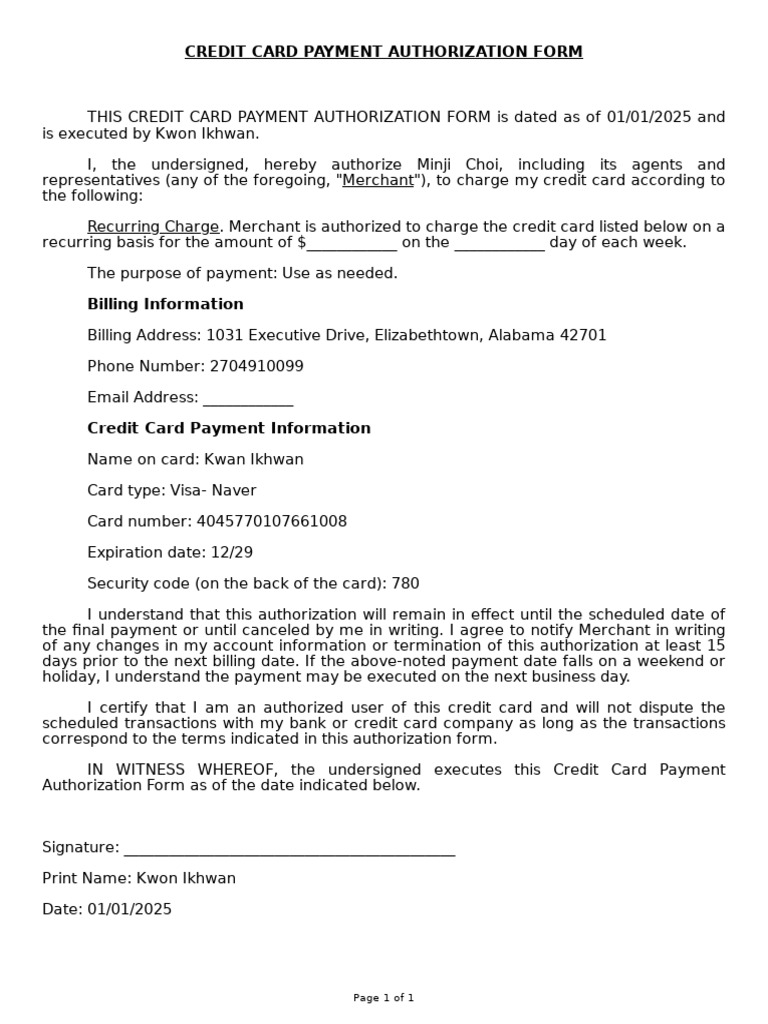 Credit Card Payment Authorization Form | PDF