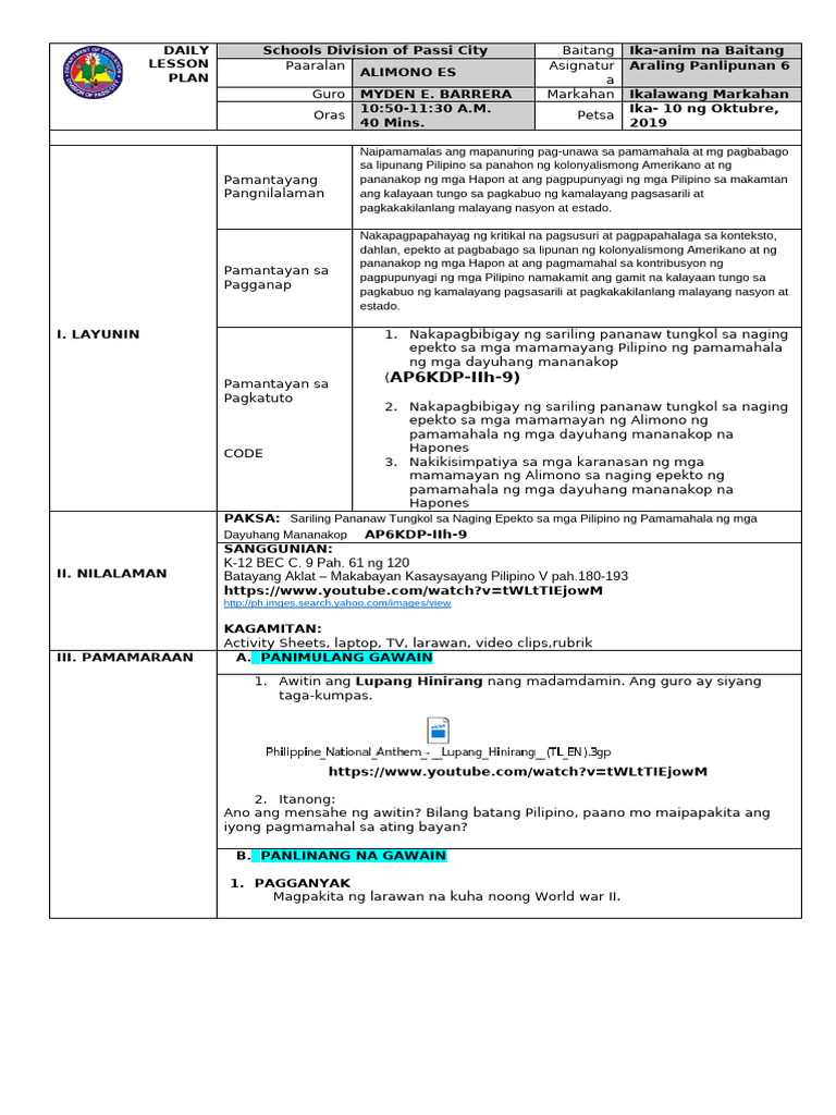 Lesson Plan in AP COT 2nd | PDF