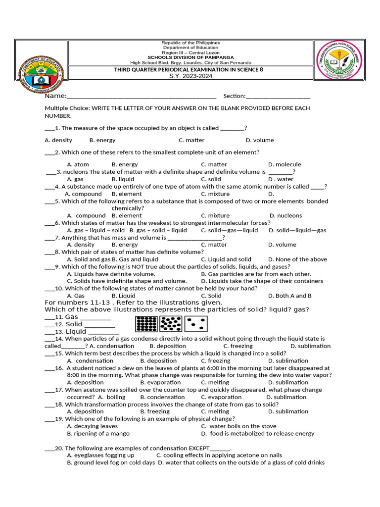 Science 8 Third Quarter Exam Guide | PDF | Proton | Atoms